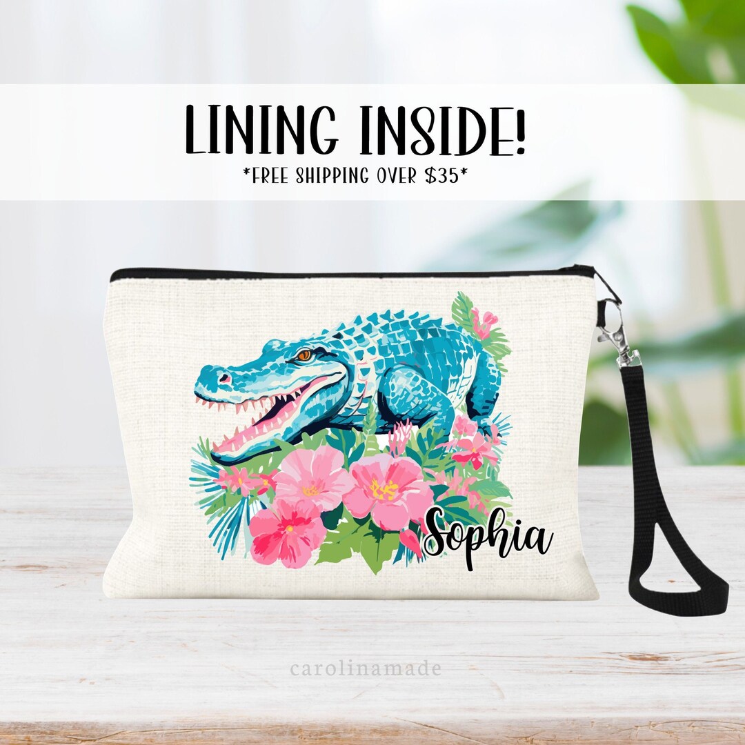 Preppy Alligator Makeup Bag, Pink Floral Preppy Girls Alligator Zipper ...