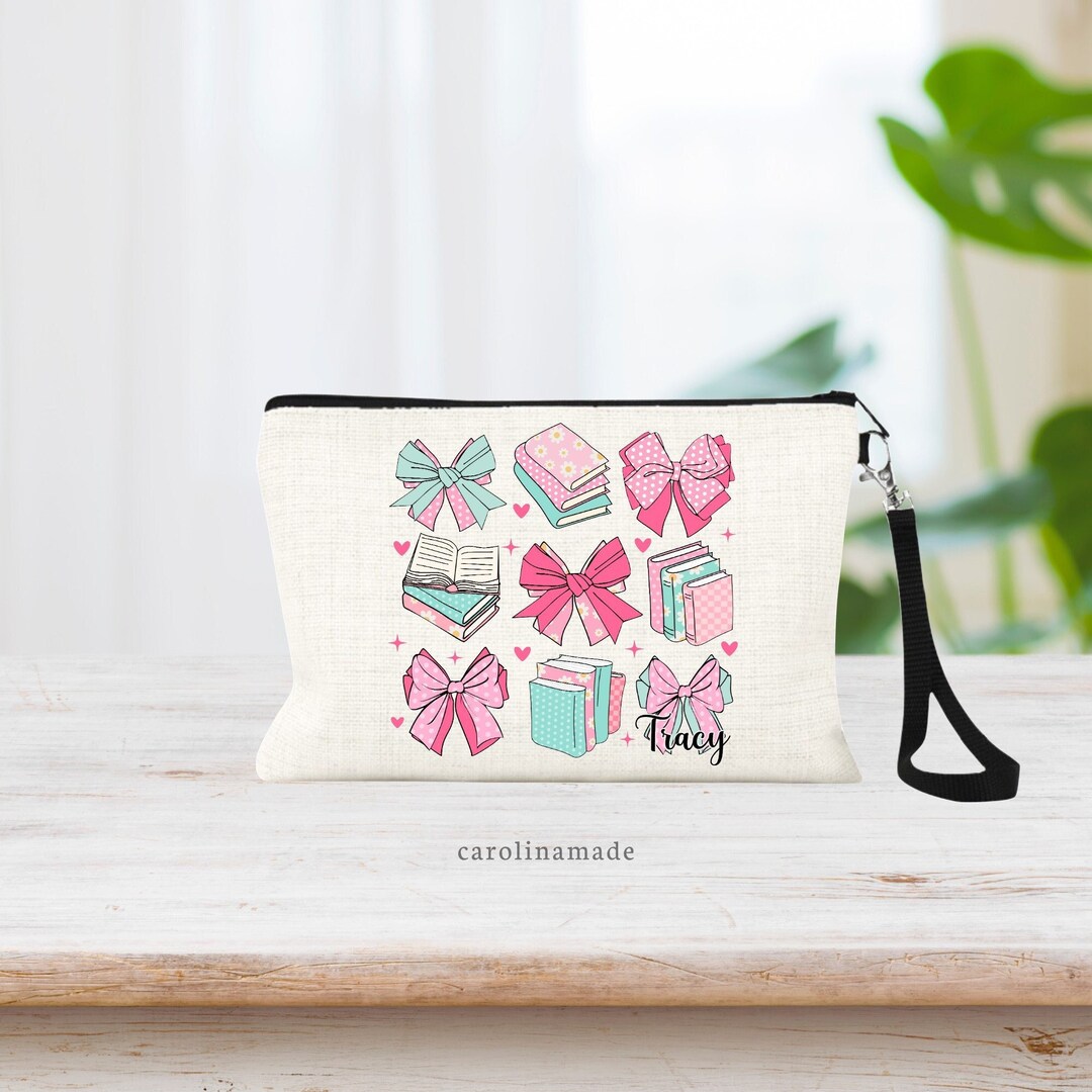 Pink Bow Book Lover Bag, Personalized Coquette Book Zipper Pouch ...