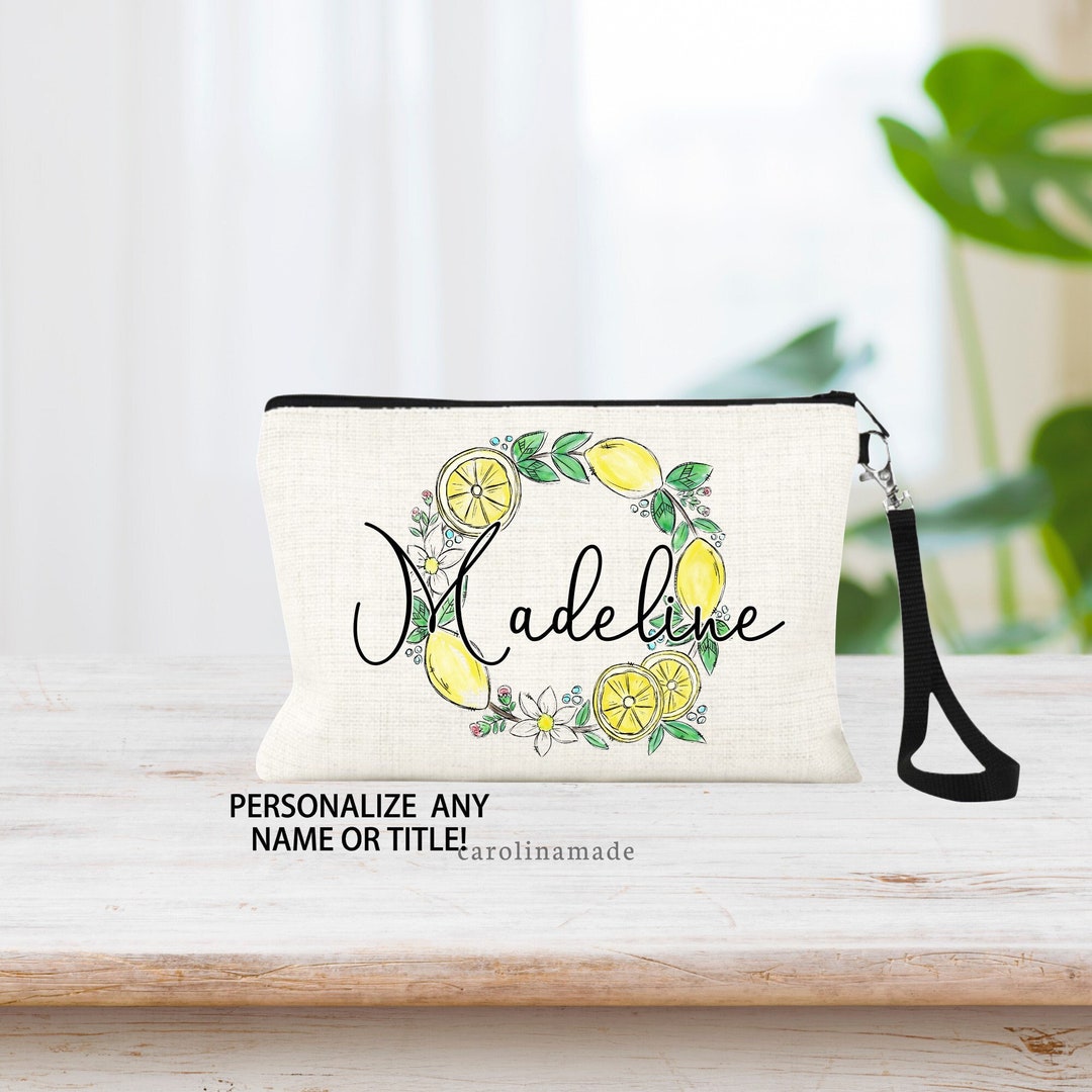 Personalized Lemon Makeup Bag, Lemon Wreath Wristlet, Lemon Lover Gift ...