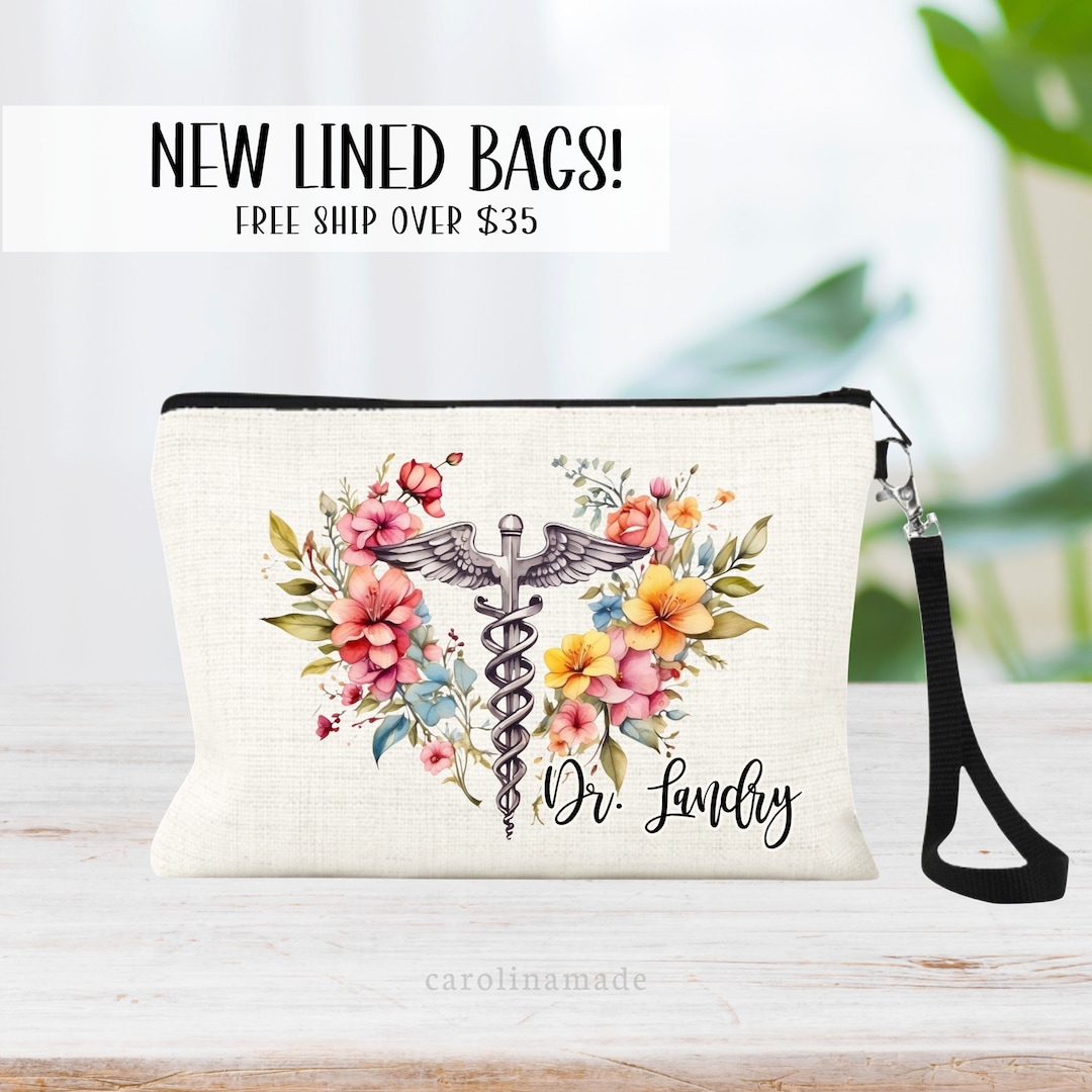 Personalized Floral Caduceus Medical Symbol, Nurse Doctor Wristlet Bag ...