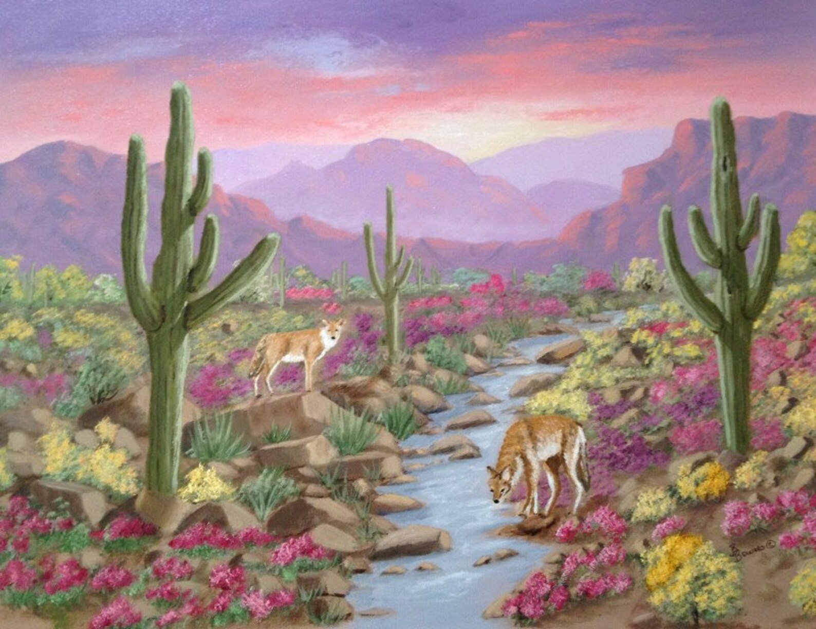 Arizona Desert Southwest Landscape , Coyotes, Morning Original Oil ...