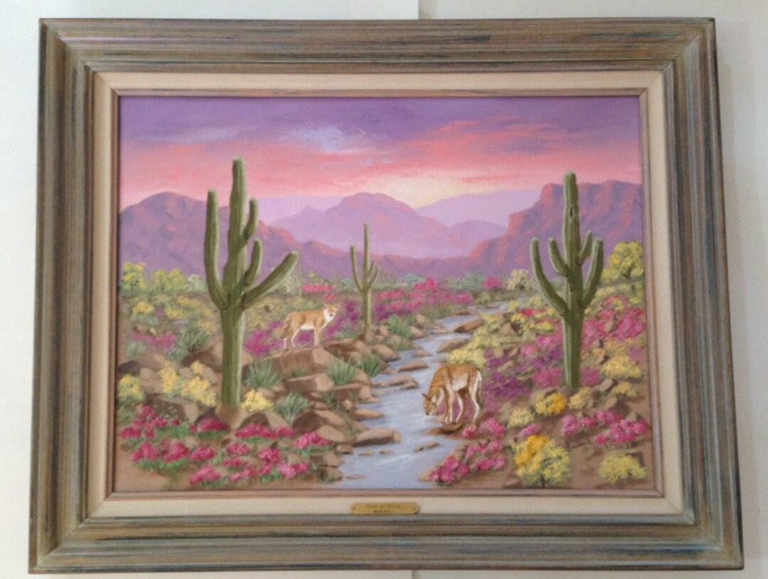 Framed Arizona Desert Original Oil Painting, Coyotes, Southwest ...