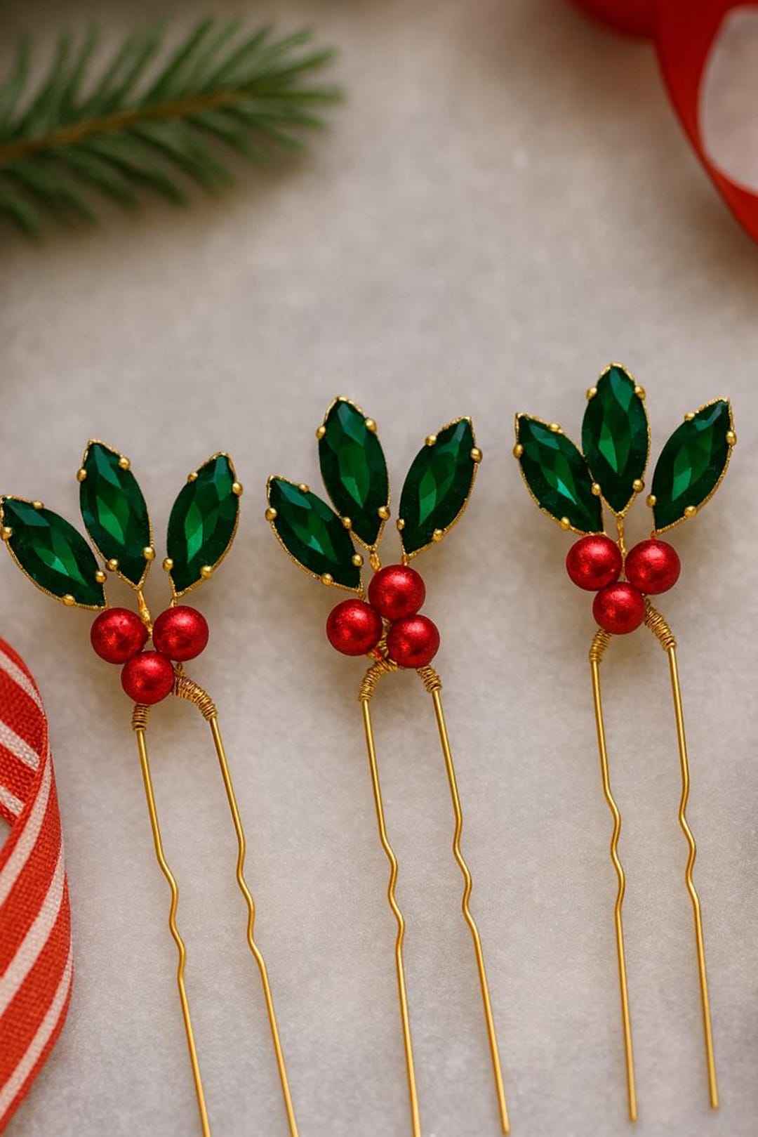 Holly Christmas Hair Pins, Emerald Green Crystals, Red Berry Beads (set ...
