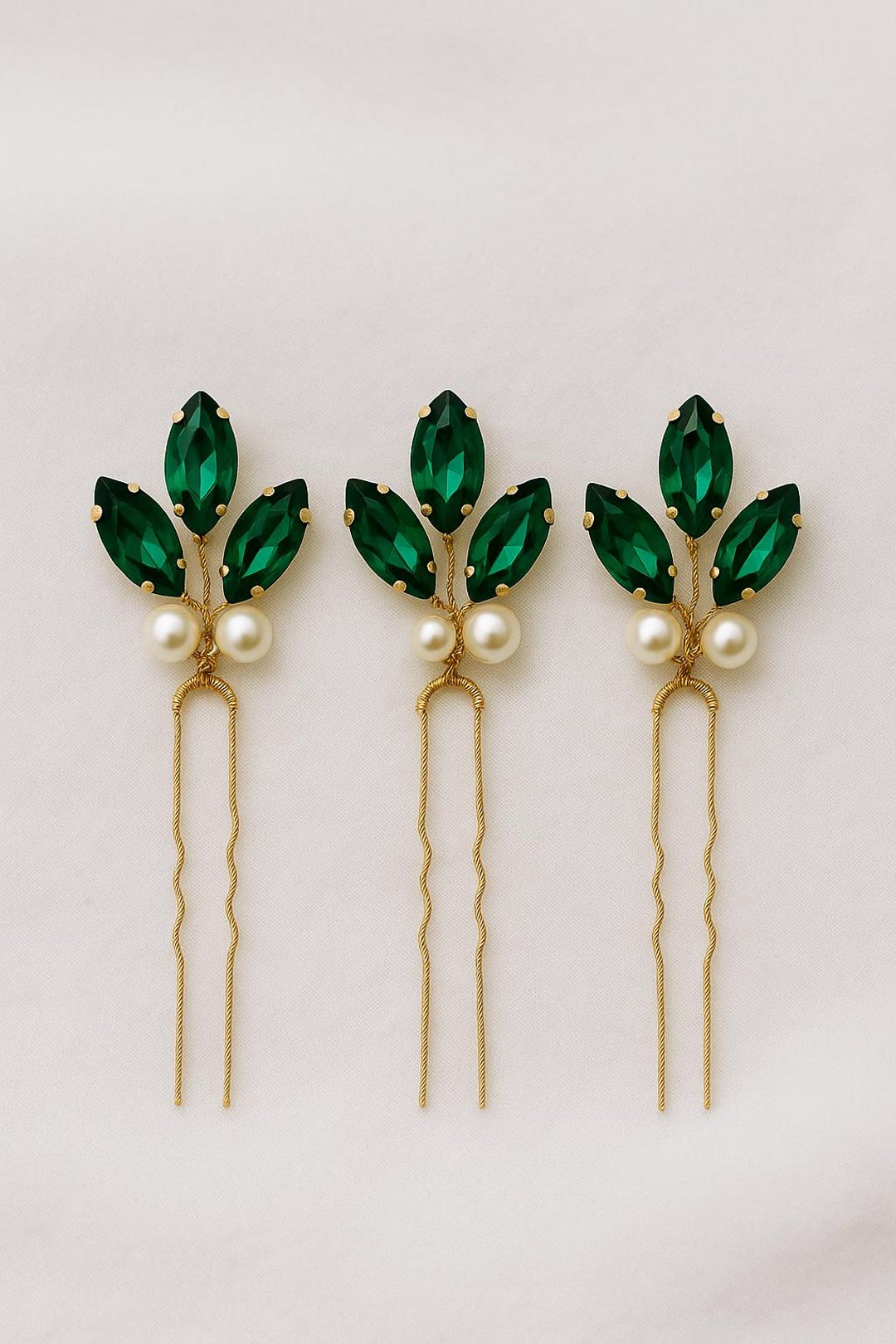 Emerald Green Bridal Crystal & Pearl Hair Pins, Set of 3 Elegant ...