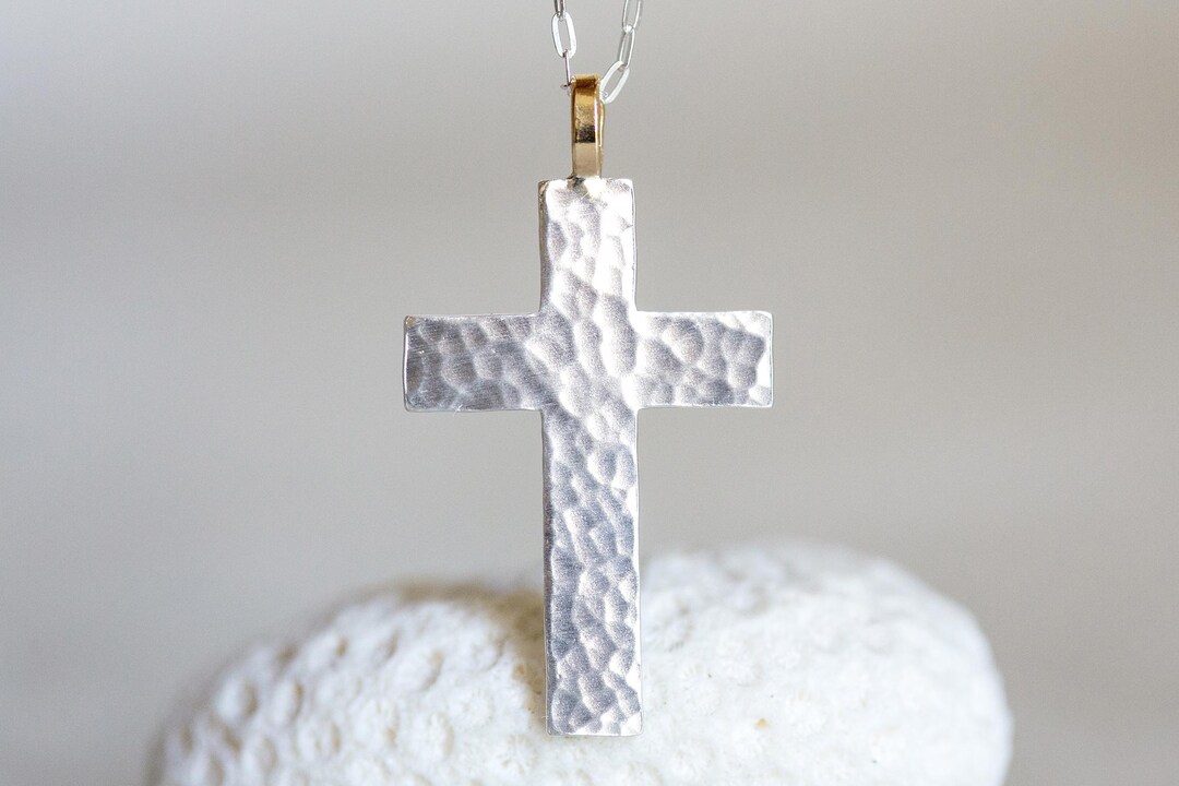 Silver Gold Cross, Large Cross Pendant, Hammered Silver Cross, 14K ...