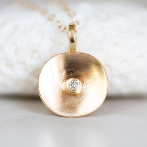 14K Gold Diamond Pendant, Organic Round Gold Disc Pendant, 14K Solid ...