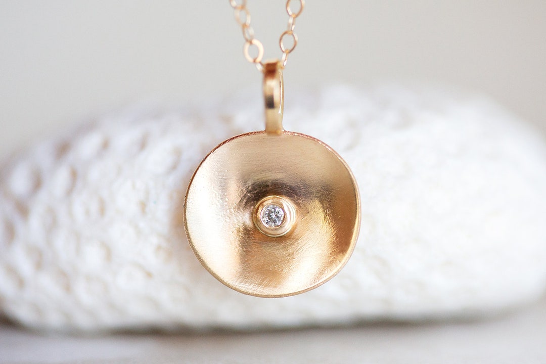 14K Gold Diamond Pendant, Organic Round Gold Disc Pendant, 14K Solid Gold Disc Necklace, 14K ...