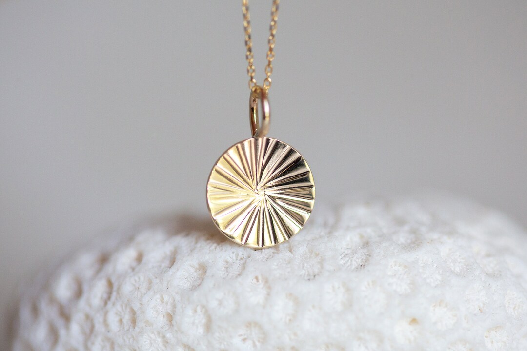 14K Gold Sun Pendant, 9.6mm Gold Round Pendant, Sunray Pendant ...