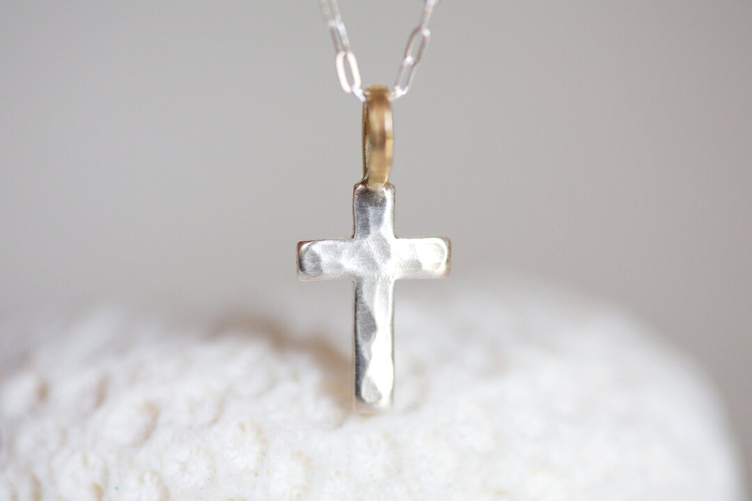 Silver Gold Cross, Small Cross Pendant, Hammered Silver Cross, 14K ...
