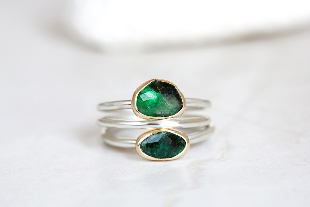 Emerald Ring, Set of Emerald Stacking Rings, 10K Gold and Silver ...