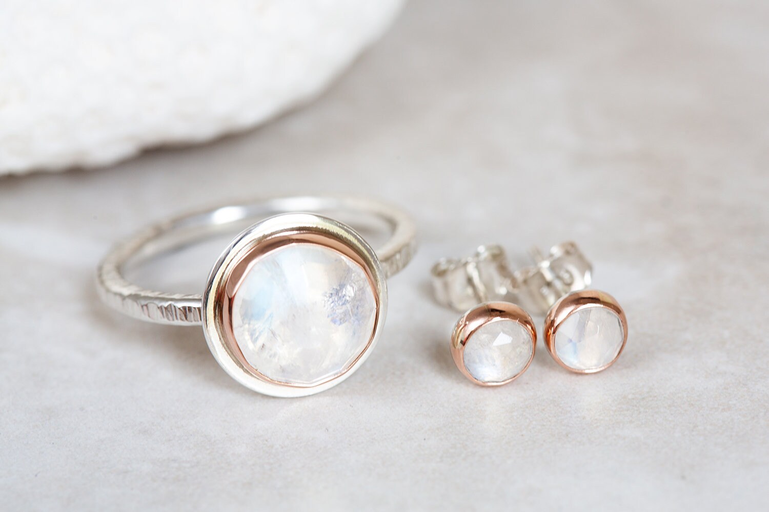 Moonstone 14K Studs Rainbow Moonstone 14K Rose Gold & Silver | Etsy