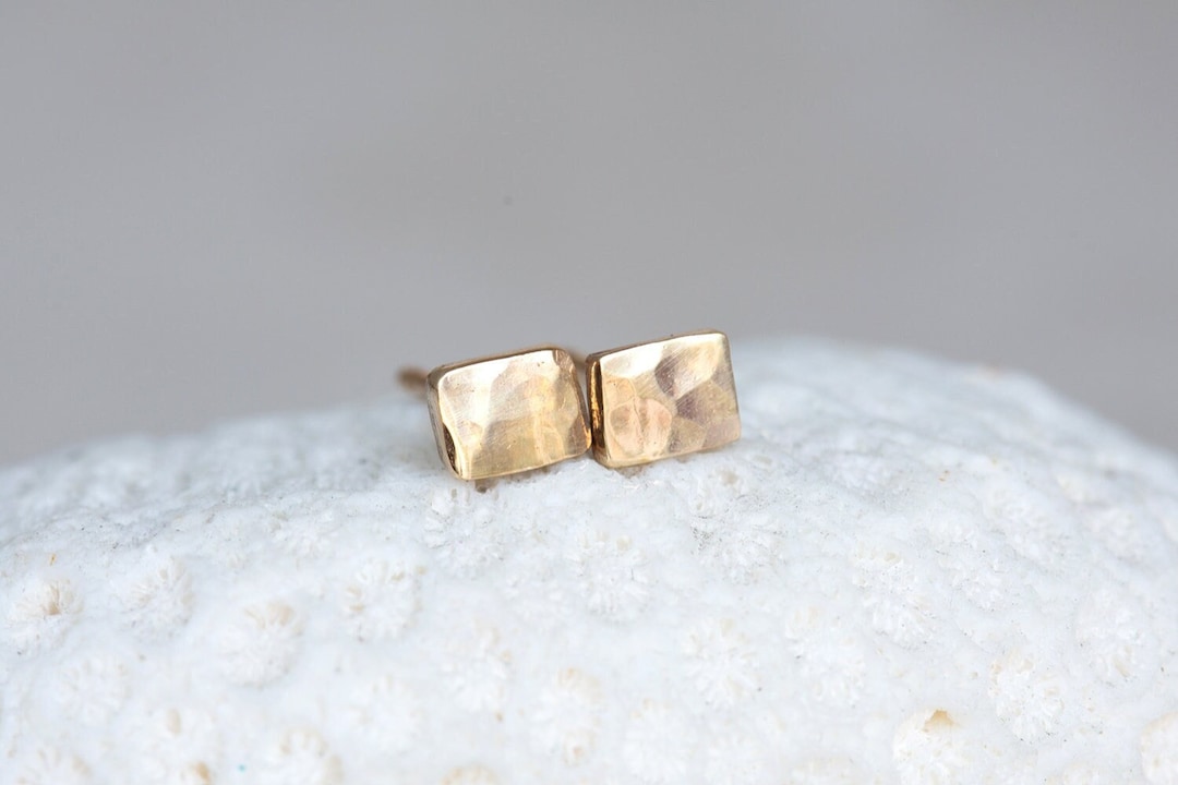 14K Gold Stud Earrings, 14K Hammered Studs, Gold Square, Rectangle Studs, Organic Gold Studs ...