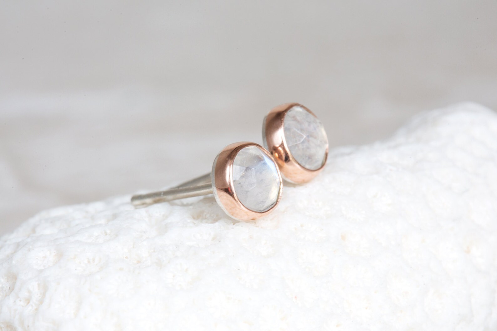 Moonstone 14K Studs Rainbow Moonstone 14K Rose Gold & Silver | Etsy