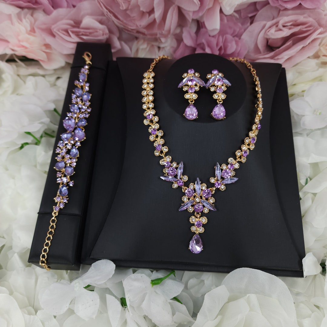 Purple Floral Jewelry Set, Bridal Purple Necklace and Earrings, Gold ...