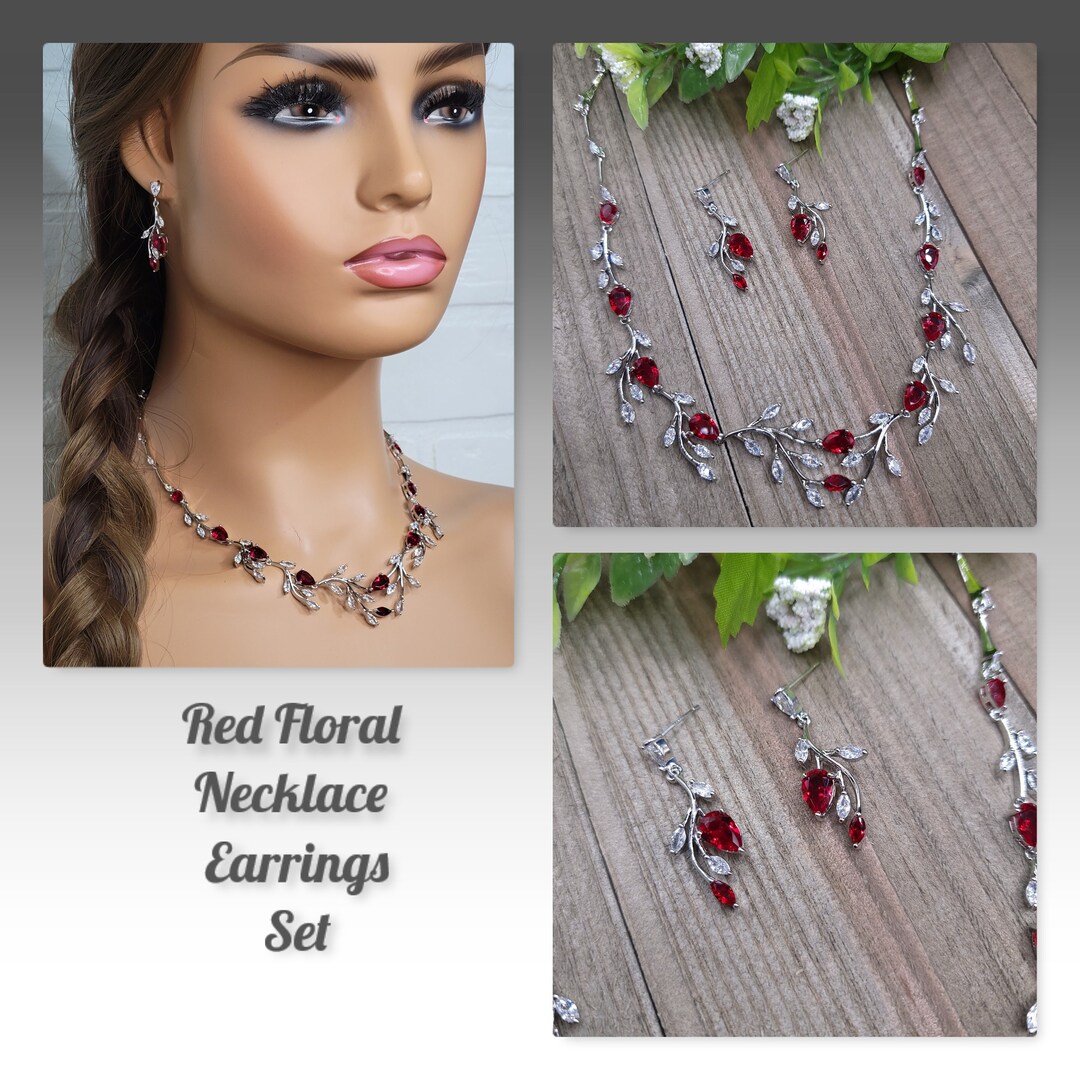 Red Bridal Jewelry, Red Crystal Vine Necklace and Earring Set, Red ...