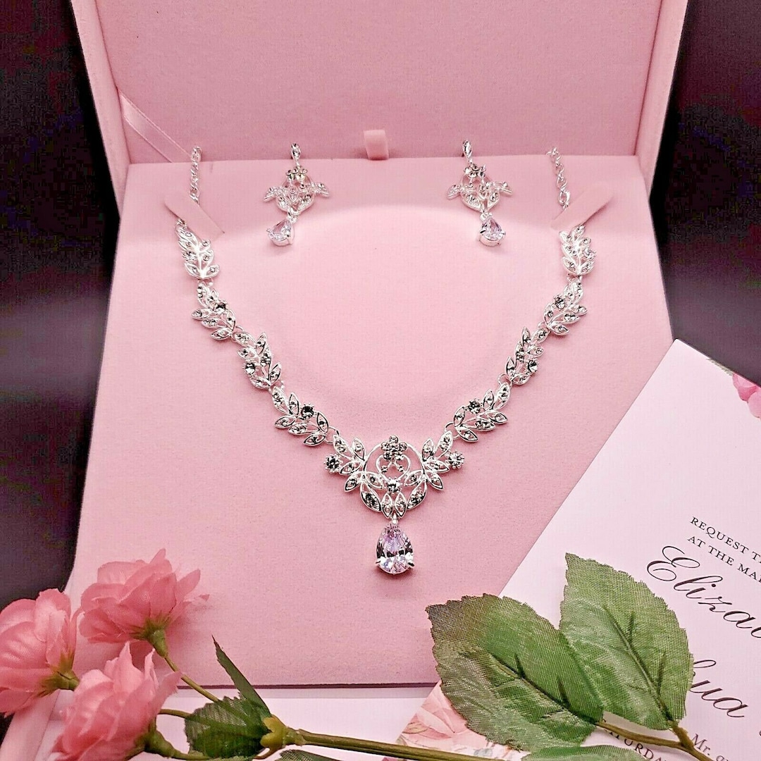 Bridal Jewelry Set, Bridal V Shape Necklace Earrings, Prom Jewelry Set ...