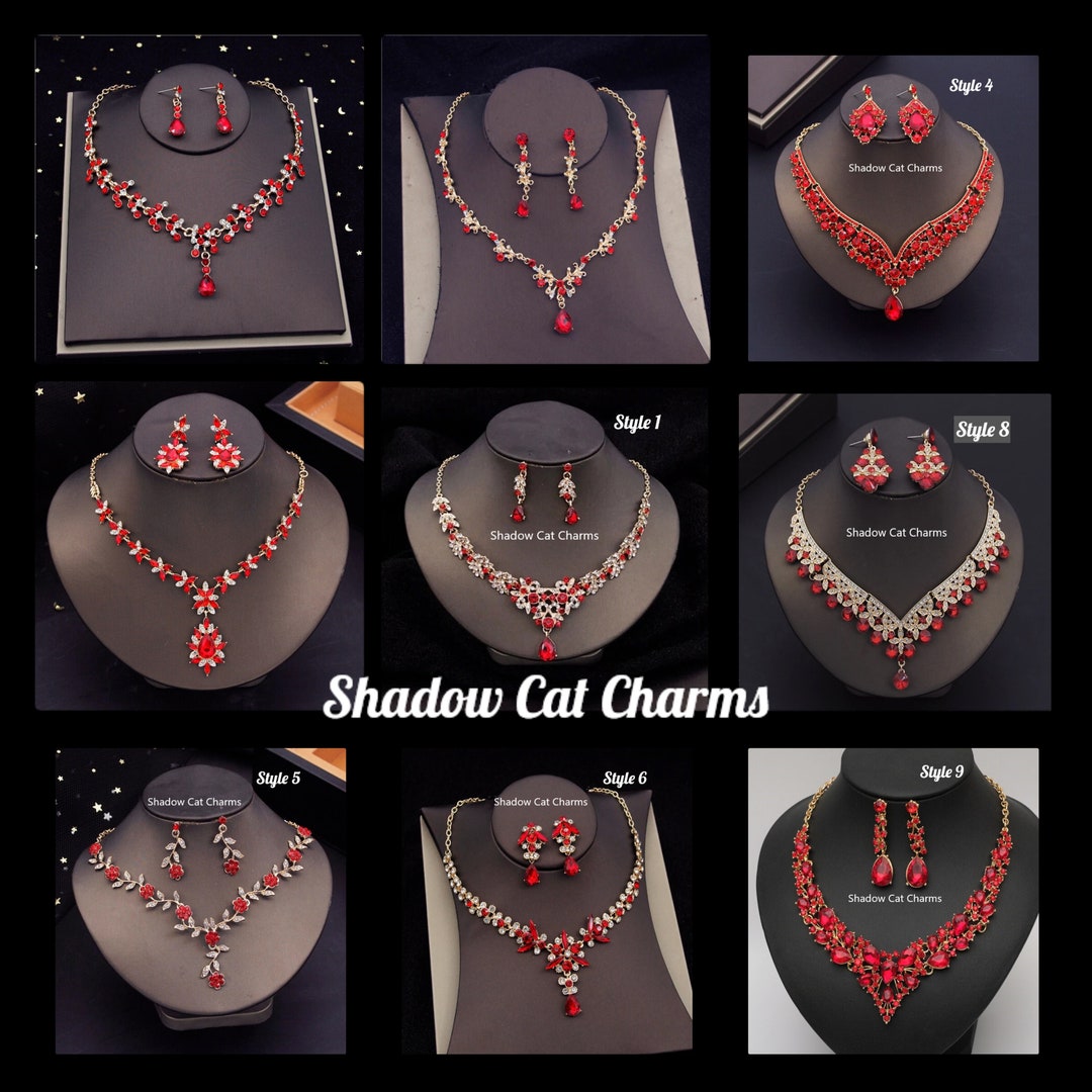 Red Jewelry Set, Gold Red Quinceanera, Bridal Jewelry, Gold and Red ...