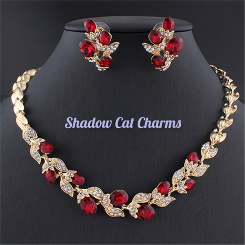 Red Rhinestone Necklace and Earrings Set Bridal Red Necklace - Etsy