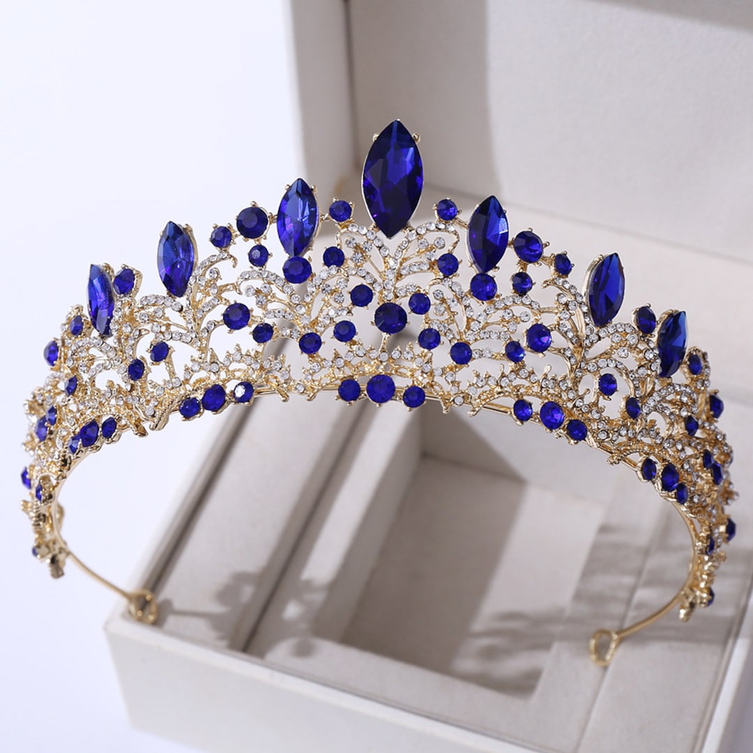 Blue Baroque Crystal Bridal Tiara, Quinceanera Crown, Gold and Blue ...
