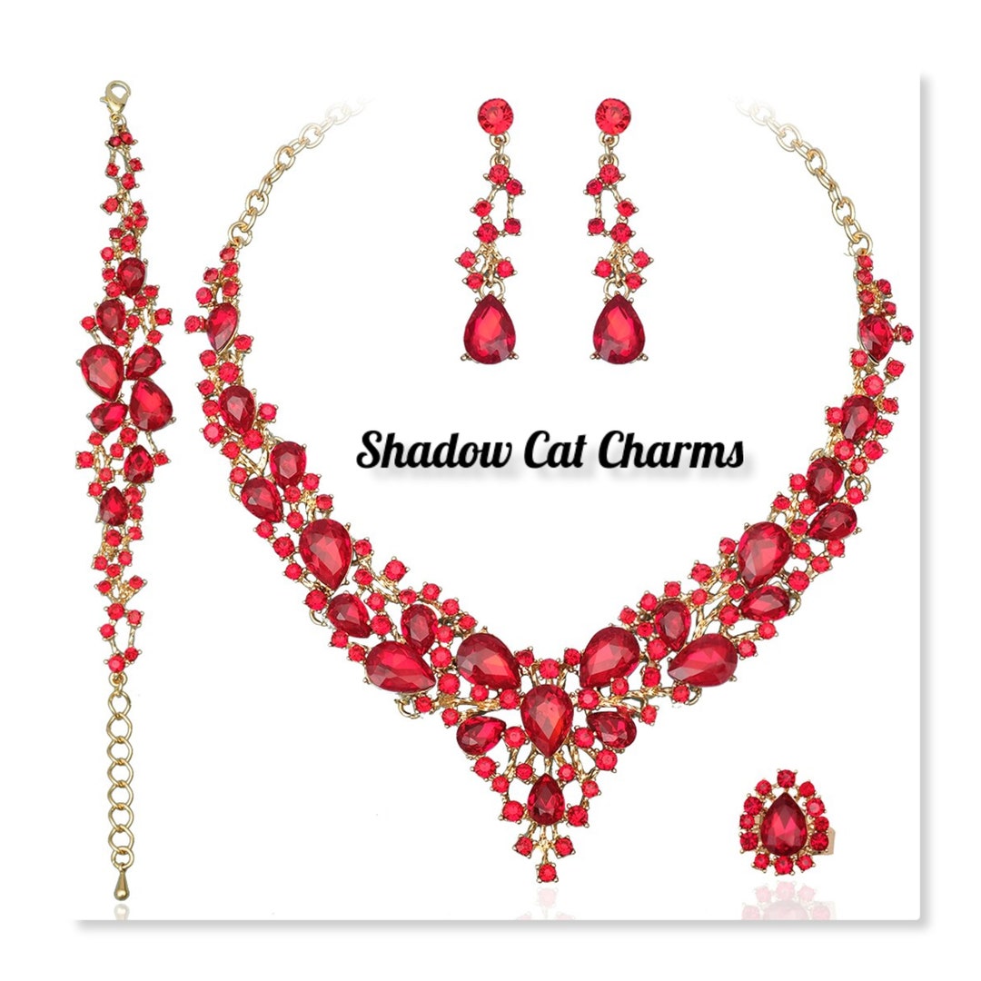 Red Bridal Jewelry, Bridal V Shape Necklace Earrings, Prom Jewelry Set ...
