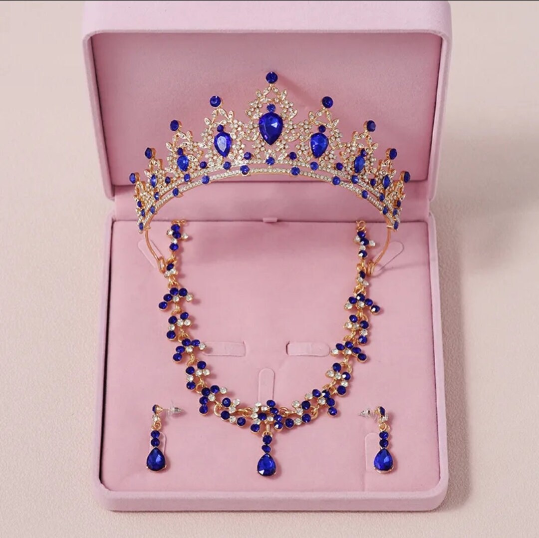Blue Queen Bridal Tiara Blue and Gold Quinceanera Crown Blue - Etsy