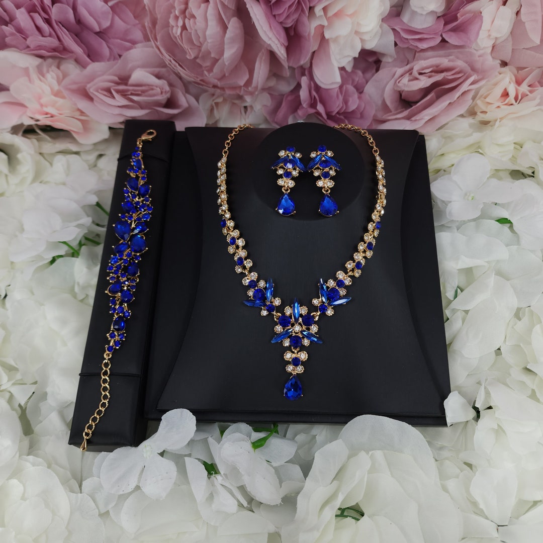 Royal Blue Floral Jewelry Set, Bridal Blue Necklace and Earrings, Blue ...