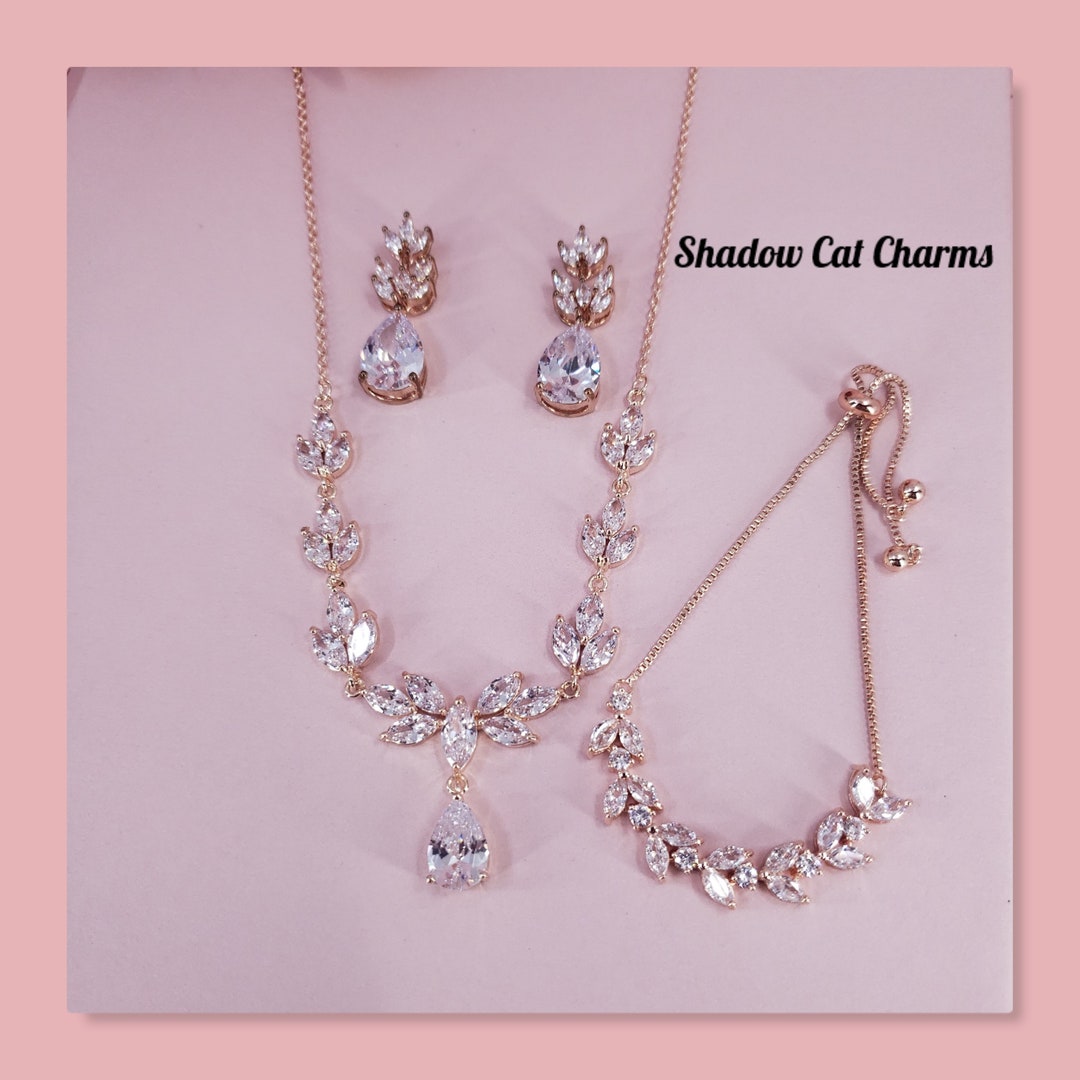 Rose Gold Wedding Jewelry Set for Brides, Teardrop Wedding Earrings and ...