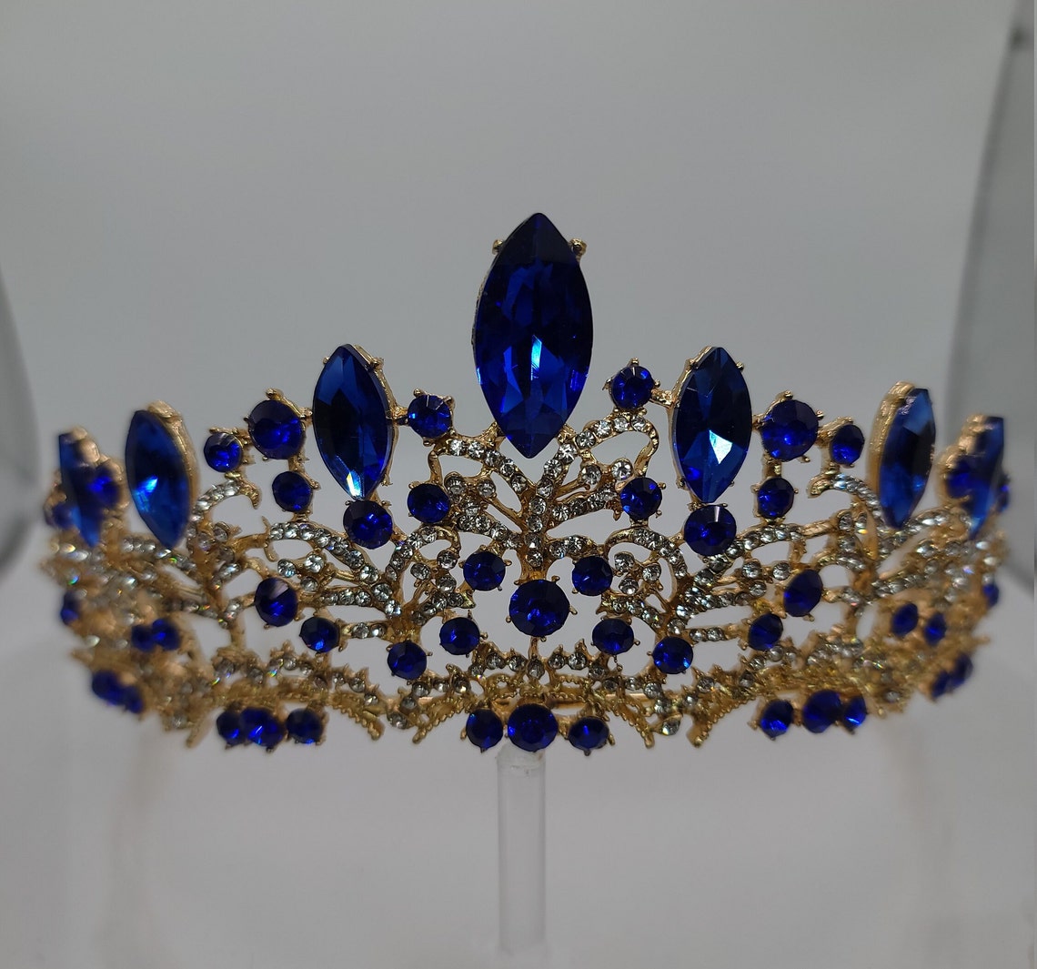 Blue Baroque Crystal Bridal Tiara Quinceanera Crown Gold and - Etsy