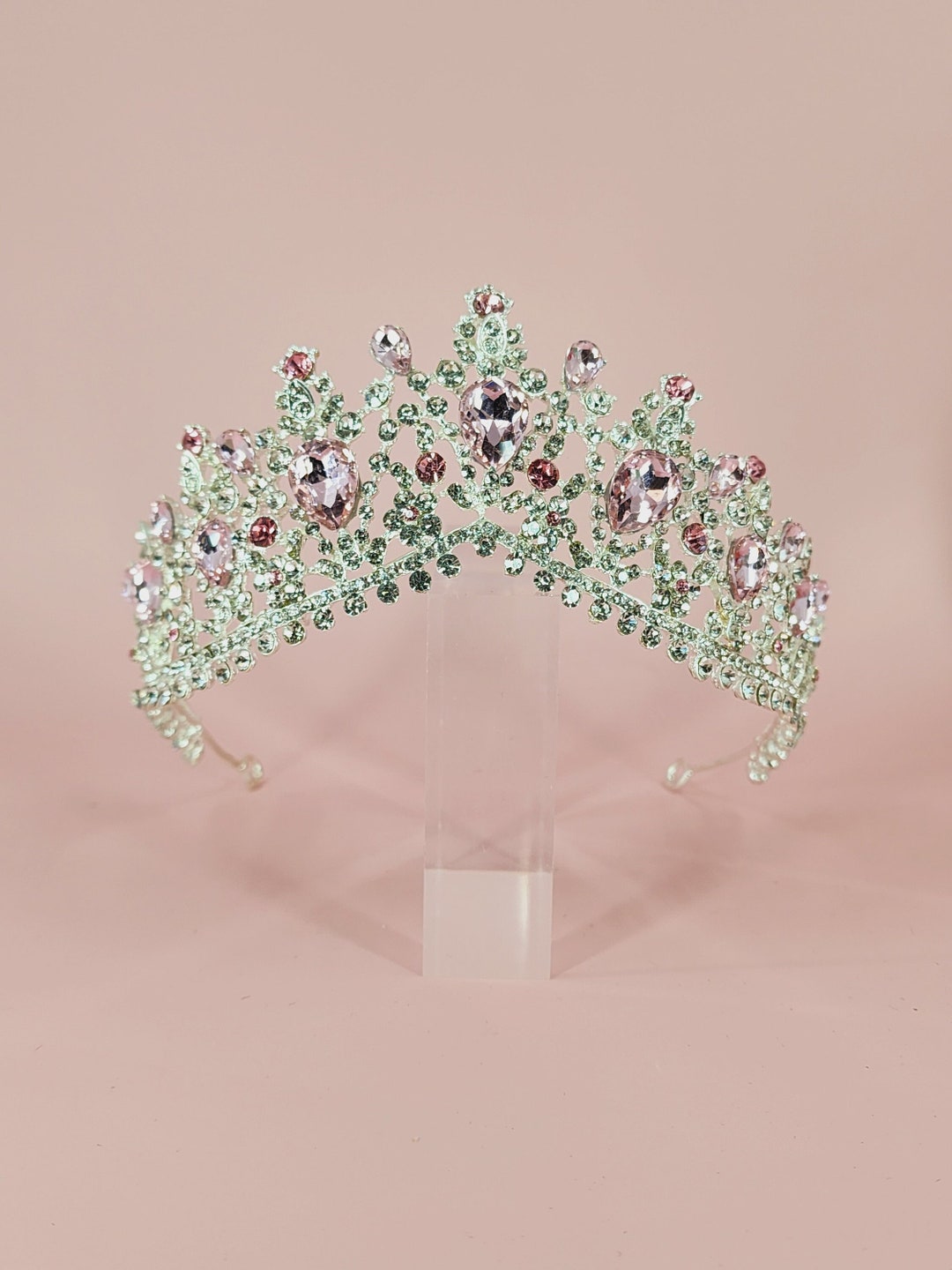 Pink Silver Crystal Tiara, Pink Quinceanera Crown, Pink Bridal Tiara ...