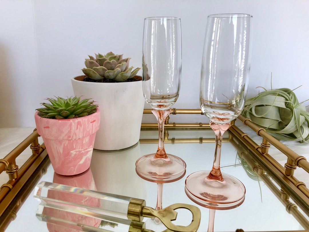 Vintage Pair of Pink Veronese Rose Champagne Flutes // Pink Blush Lobed ...