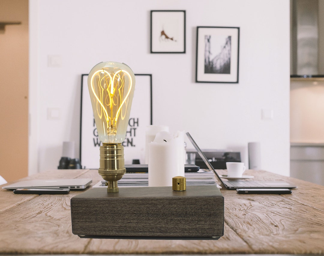Edison Bulb - Table Lamp With Wood Block Dimmable - Wood Table or Desk ...
