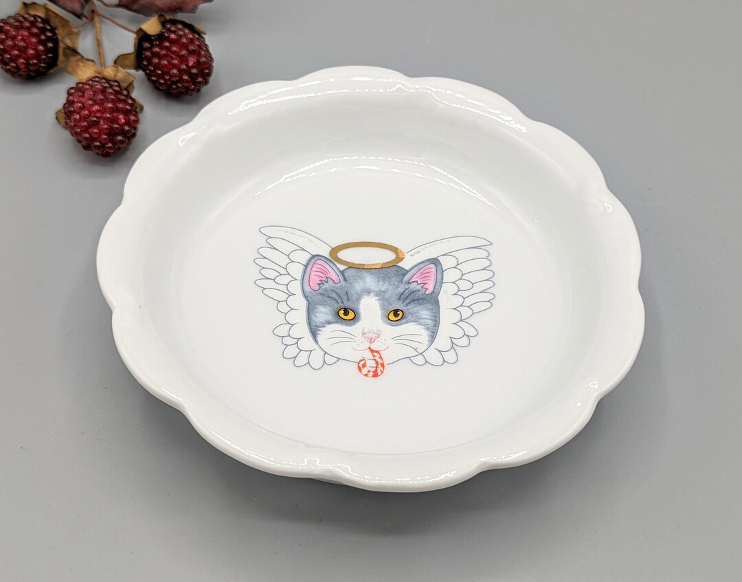 Vintage Gray White Cat With Angel Wings Halo Candy Cane Ceramic Trinket ...