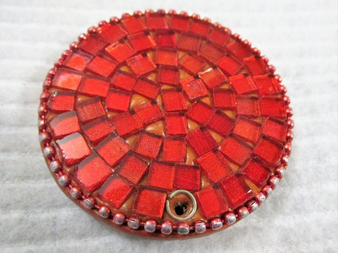 Red Mosaic Glass Tile Hand Pocket Mirror Handmade Necklace Pendant ...