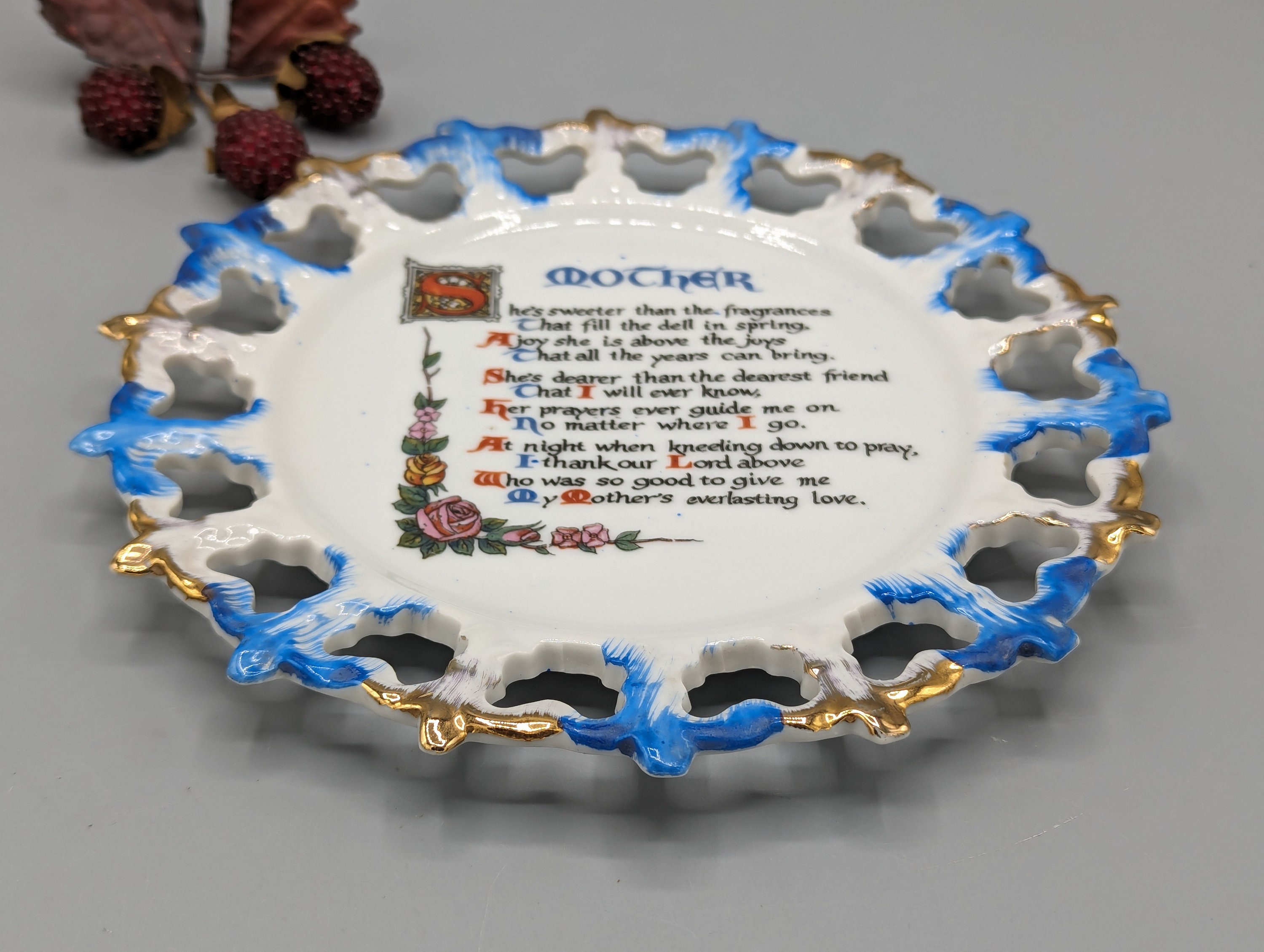 Vintage Mother Poem With Pink Orange Roses and Blue Gold Details ...