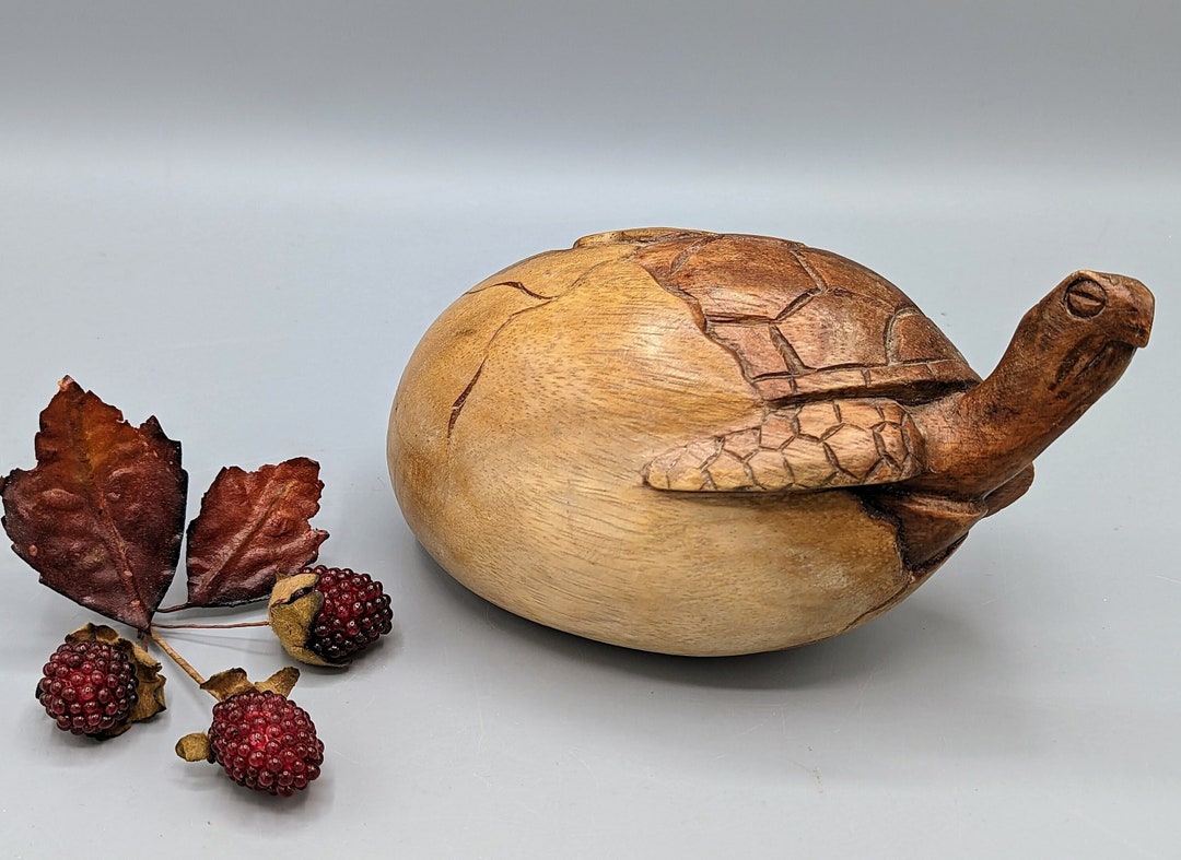 Vintage Hand Carved Wood Baby Sea Turtle Hatching From Egg, Vintage ...