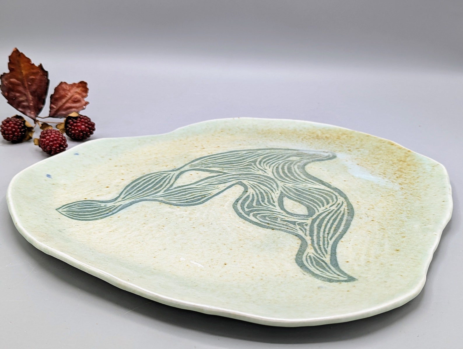 Vintage Handmade Green Abstract Seaweed Ceramic Serving Platter Trinket ...