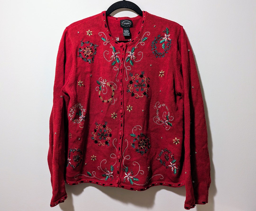 Vintage Red Christmas Cardigan Sweater Jumper With Beaded Embroidered ...