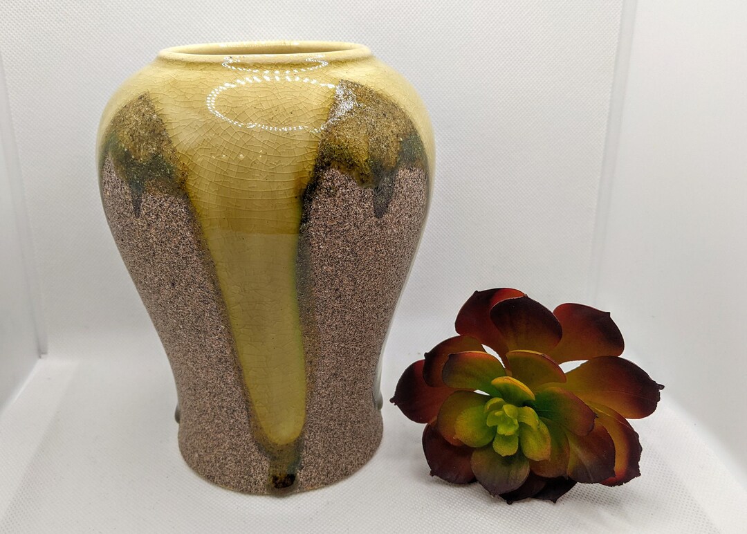 Vintage Ceramic Vase Green Drip Glaze and Rough Surface Texture ...