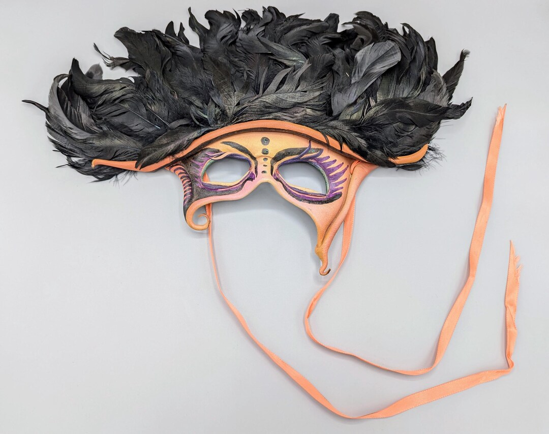 Vintage 1992 Handmade Leather Half Face Eye Mask With Black Feathers ...