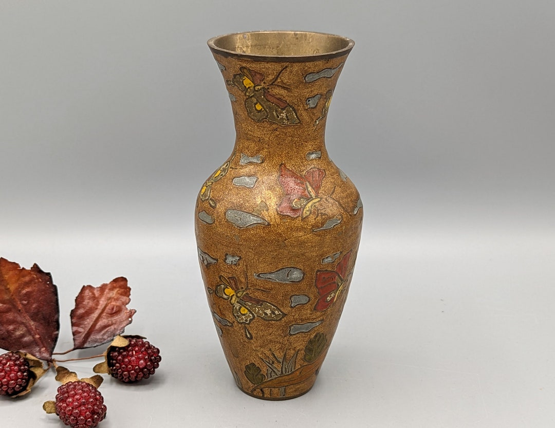 Vintage Enameled Brass Vase With Butterfly and Cloud Countryside Motif ...