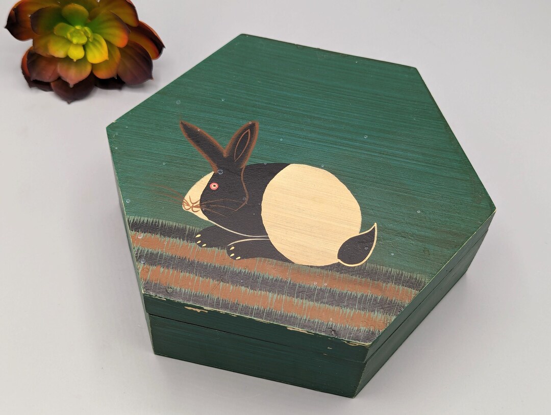 Vintage Hand Painted Black White Rabbit Bunny on Green Wood Hexagon Box ...