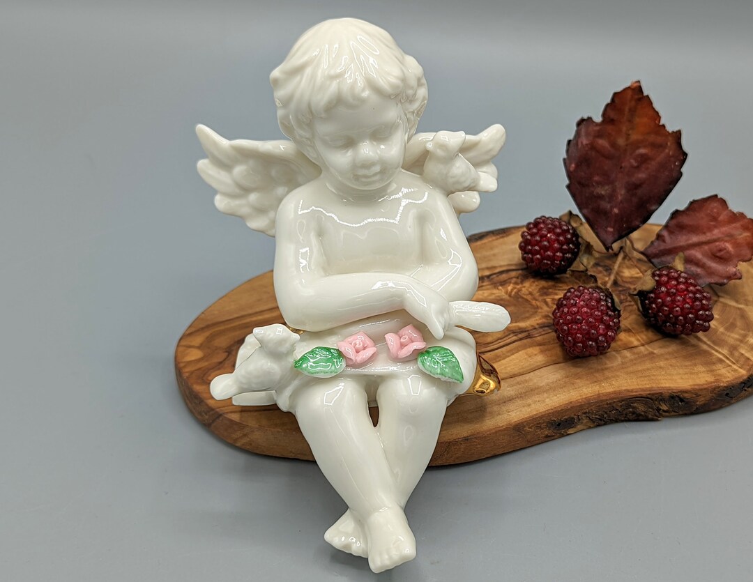 Vintage Ceramic Angel Cherub Sitting With Birds Feather Pink Roses ...