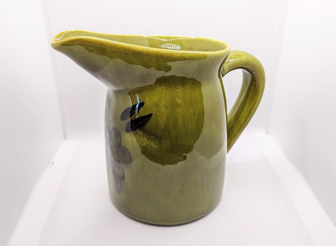Vintage Olive Green Ceramic Pitcher With Hand Painted Fruit Motif Los ...