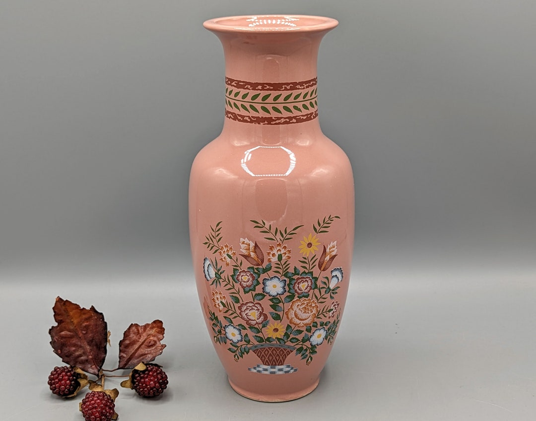 Vintage 1983 Pink Mauve Vase With Colorful Flower Basket Motif by ...