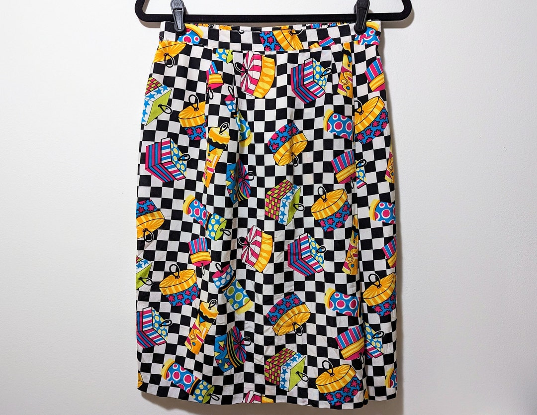 Vintage Op Art Black White Checker With Colorful Package Print Silk ...
