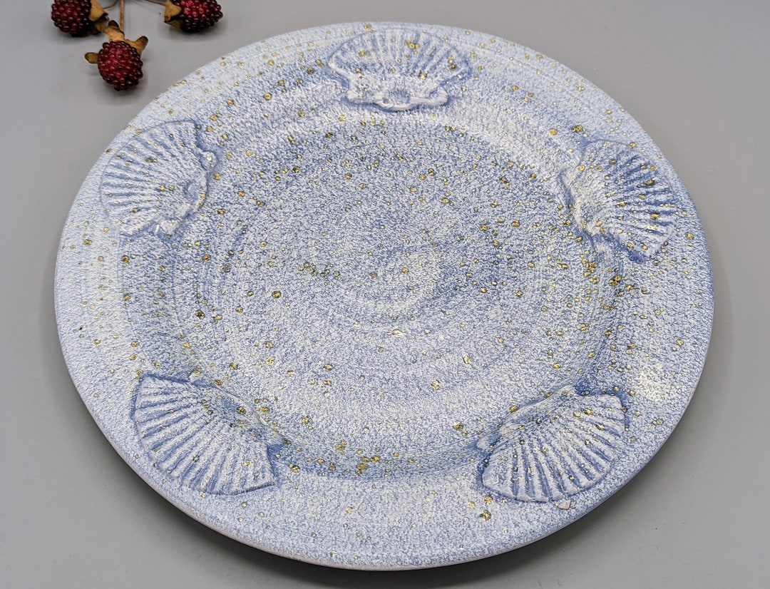 Vintage Blue Gold Speckle Ceramic Serving Dish Plate With Sea Shell ...