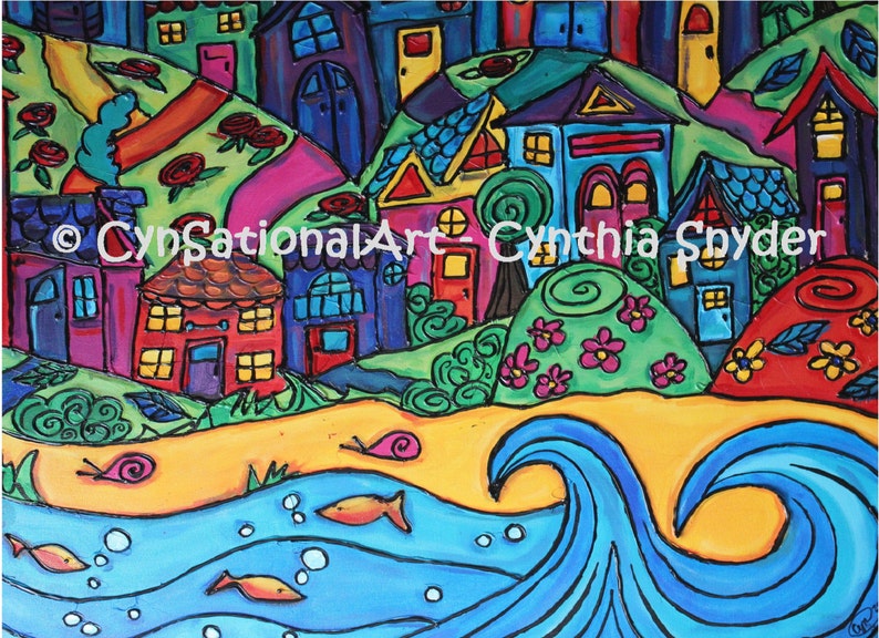 Colorful Whimsical Art Print of Original Painting "whimsy Town" 5 X 7 ...