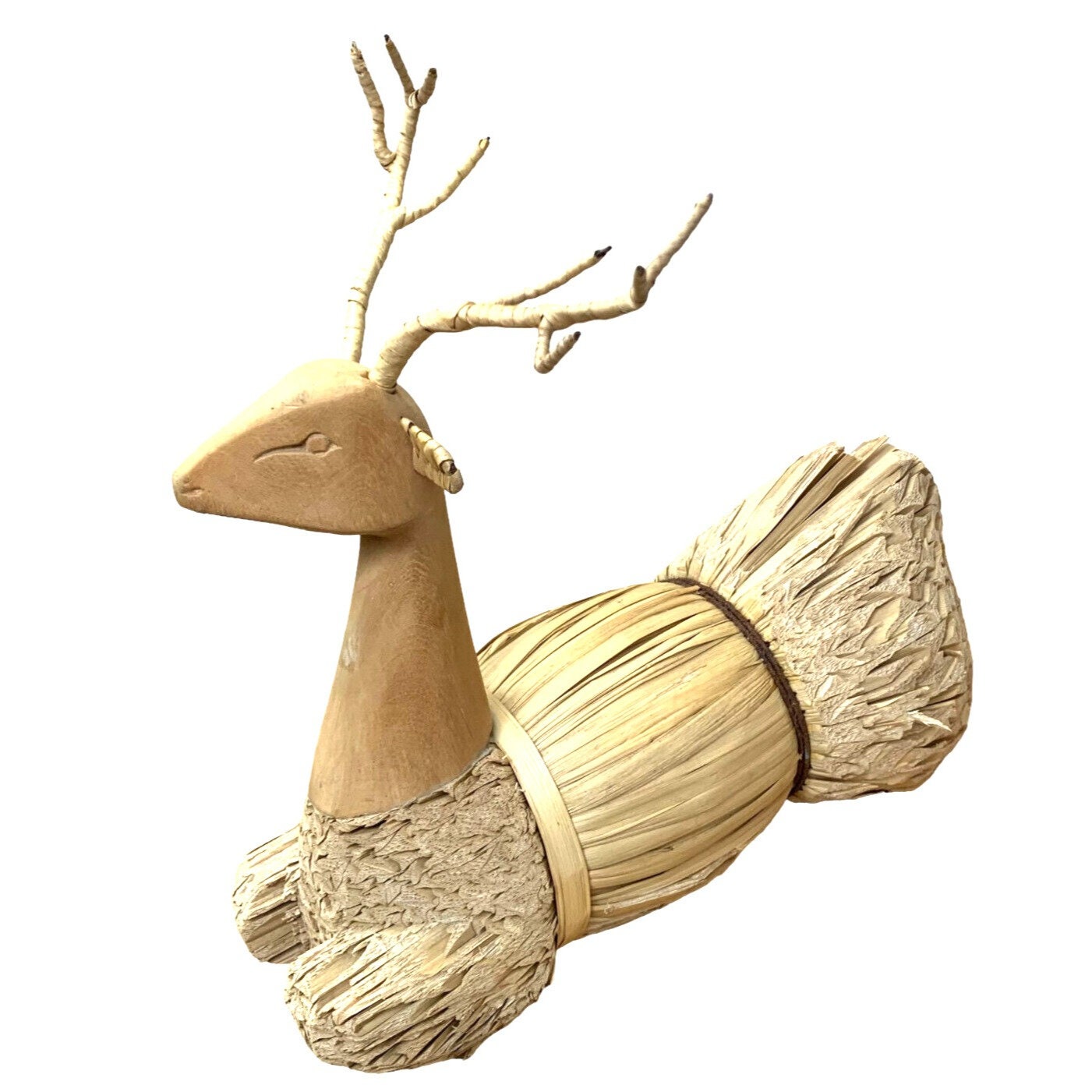 Vintage Large Wood Reed Straw Santa Claus and Reindeer, Vintage ...