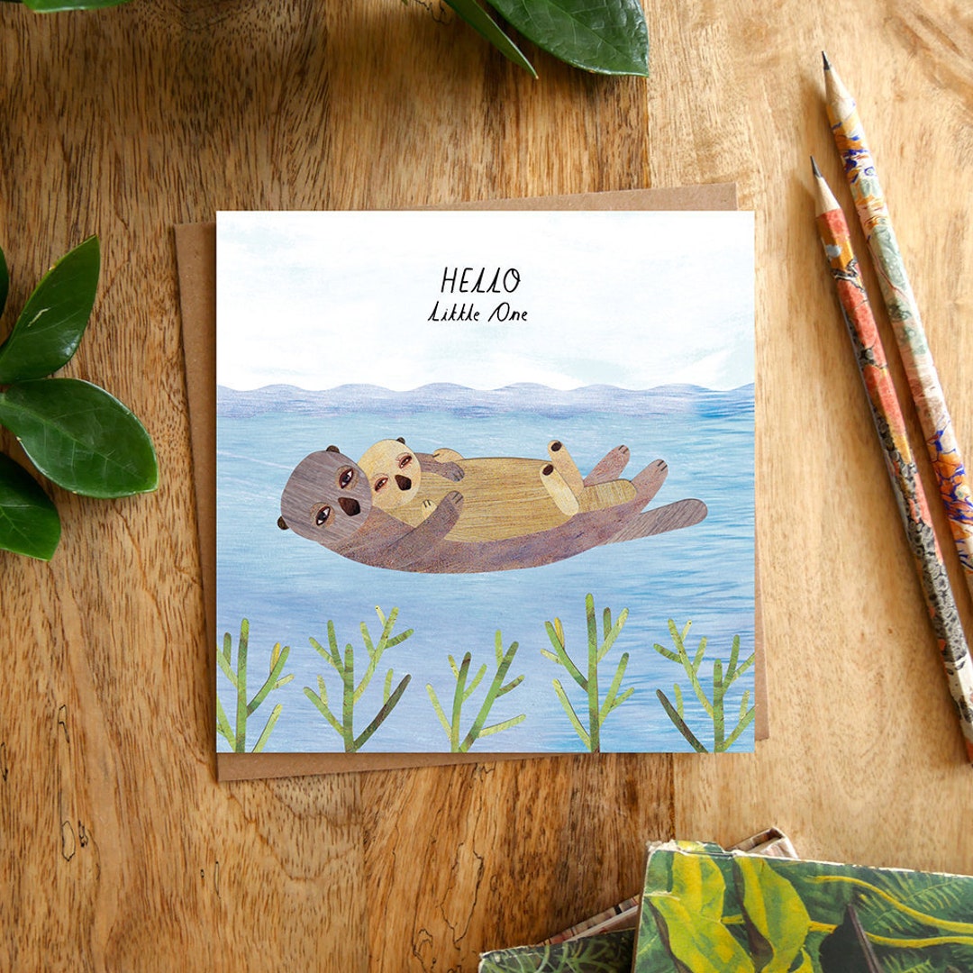 HELLO LITTLE ONE Otter Baby Card, New Baby Greeting Card, Otters Card ...