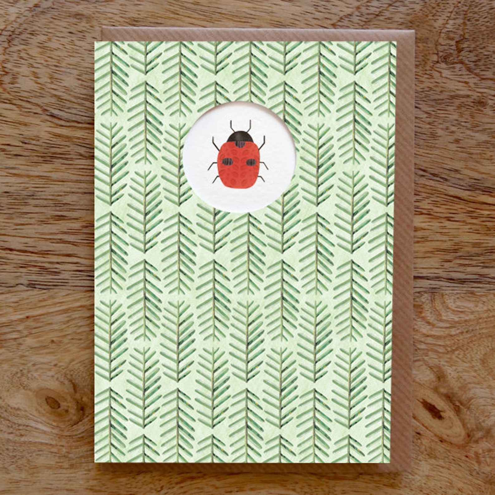 Ladybird Greeting Card, Green Leaf Pattern, Die Cut Circle - Etsy UK